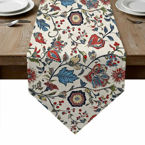 Boho Floral Table Runner Linen Burlap Table Runner 90 Inches Long Blue ...