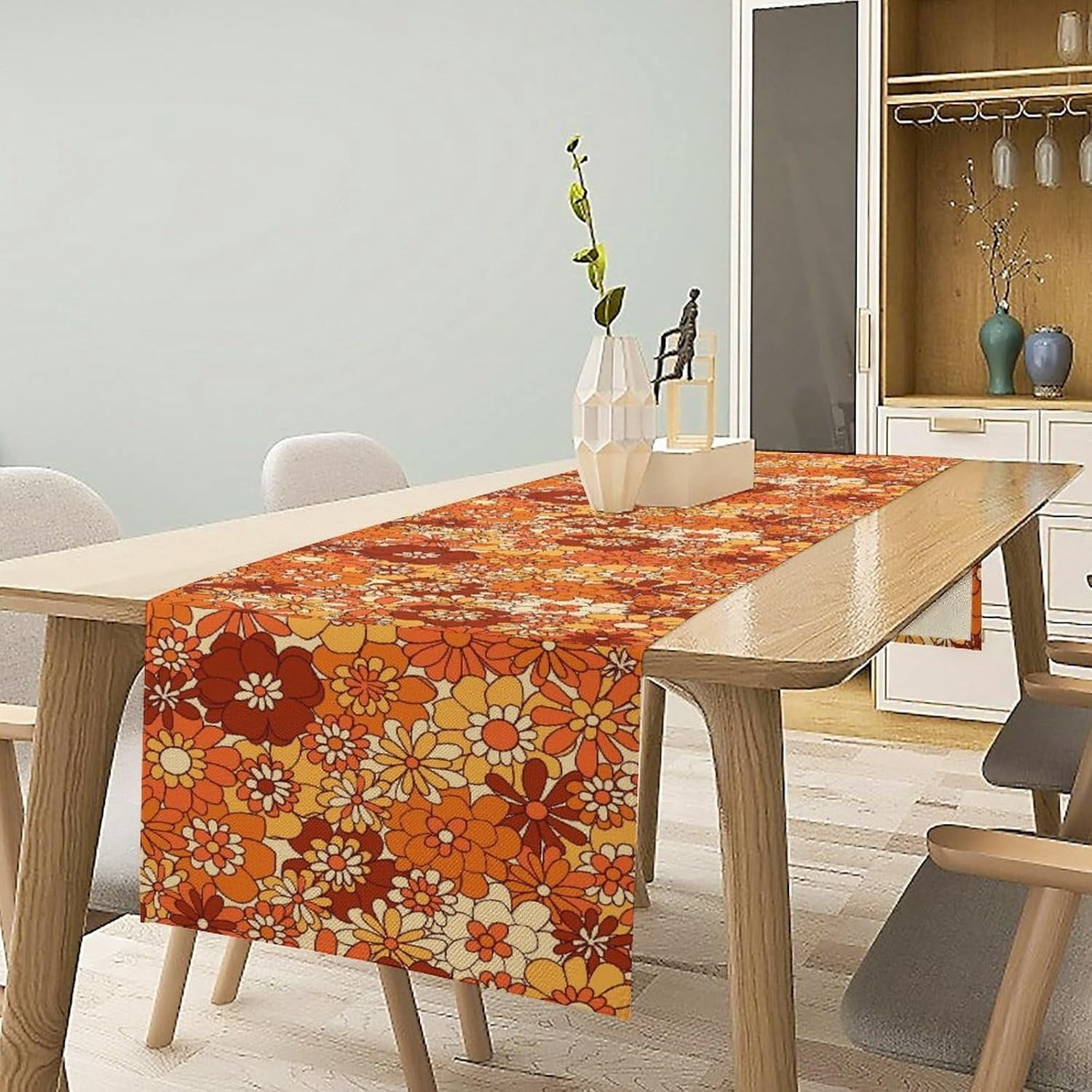 Boho Floral Table Runner, Vintage 70s Hippie Bright Orange Flowers ...