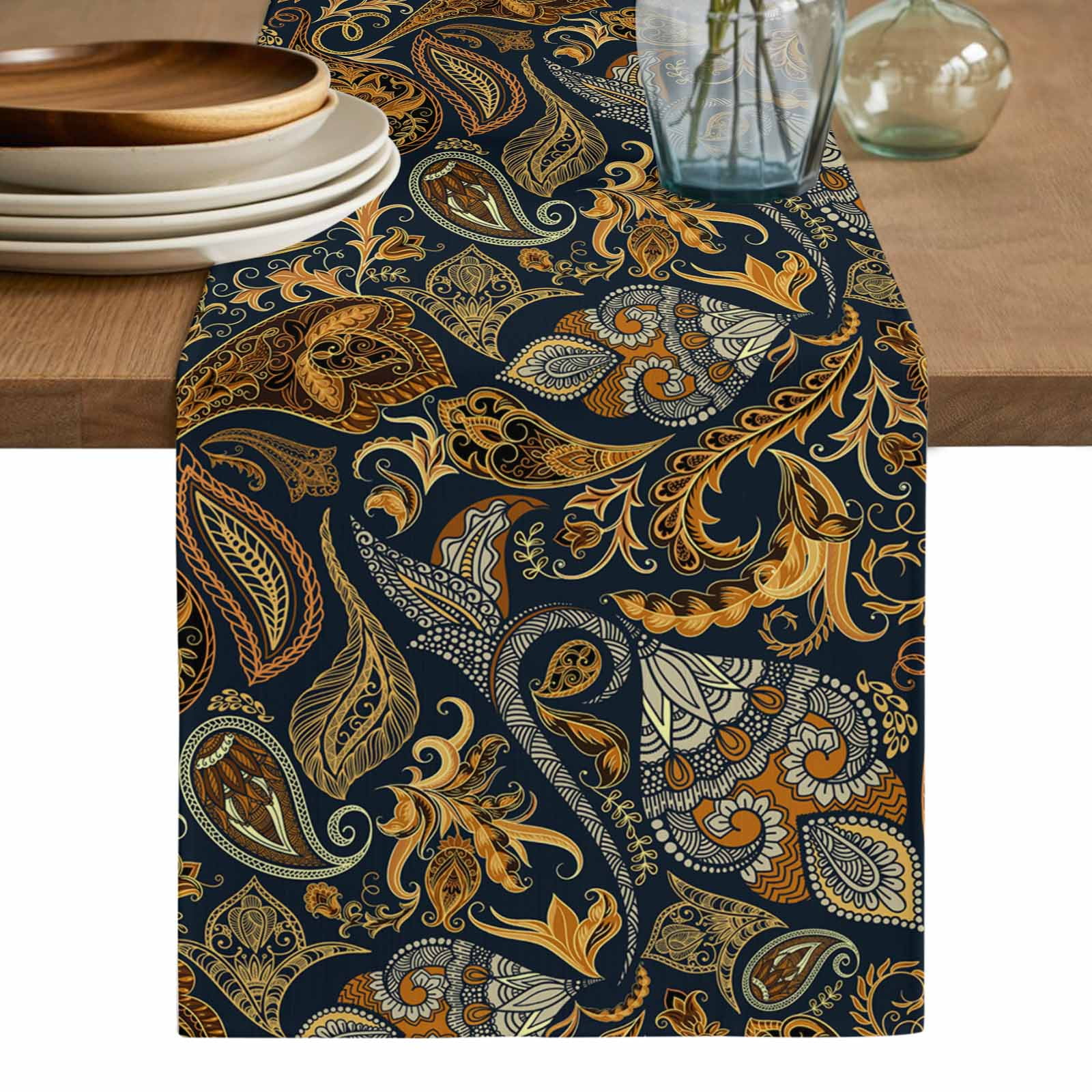 Boho Floral Table Runner, Vintage Botanical Paisley Flower Washable ...