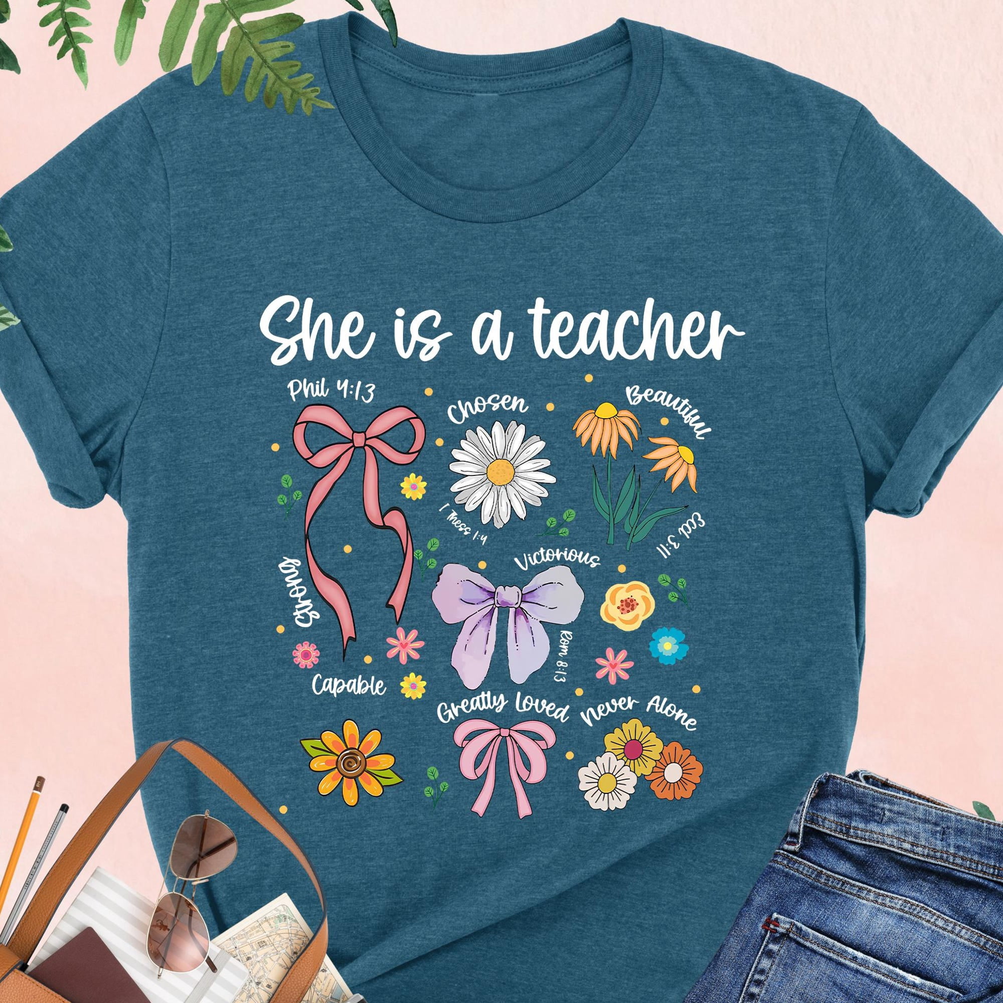 Boho Floral Teacher Shirt Bible Verse Tee Preppy Teacher Gift Coquette ...