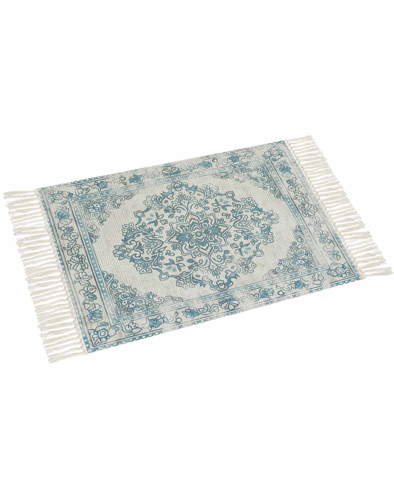 Boho Floral Teal Bathroom Rug 2'x3', Woven Cotton Area Rug with Tassels ...
