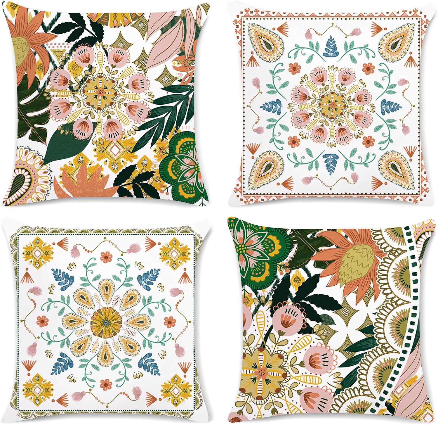 Boho Floral Throw Pillow Covers 16x16 Set of 4 Bohemian Decorative ...