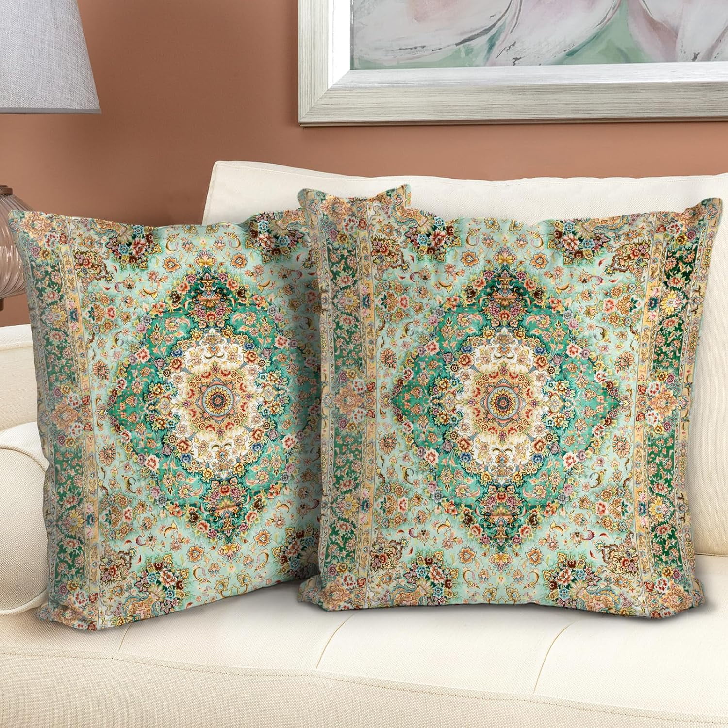 Boho Floral Throw Pillow Covers 16x16 inch Set of 2,Green Boho Rug ...