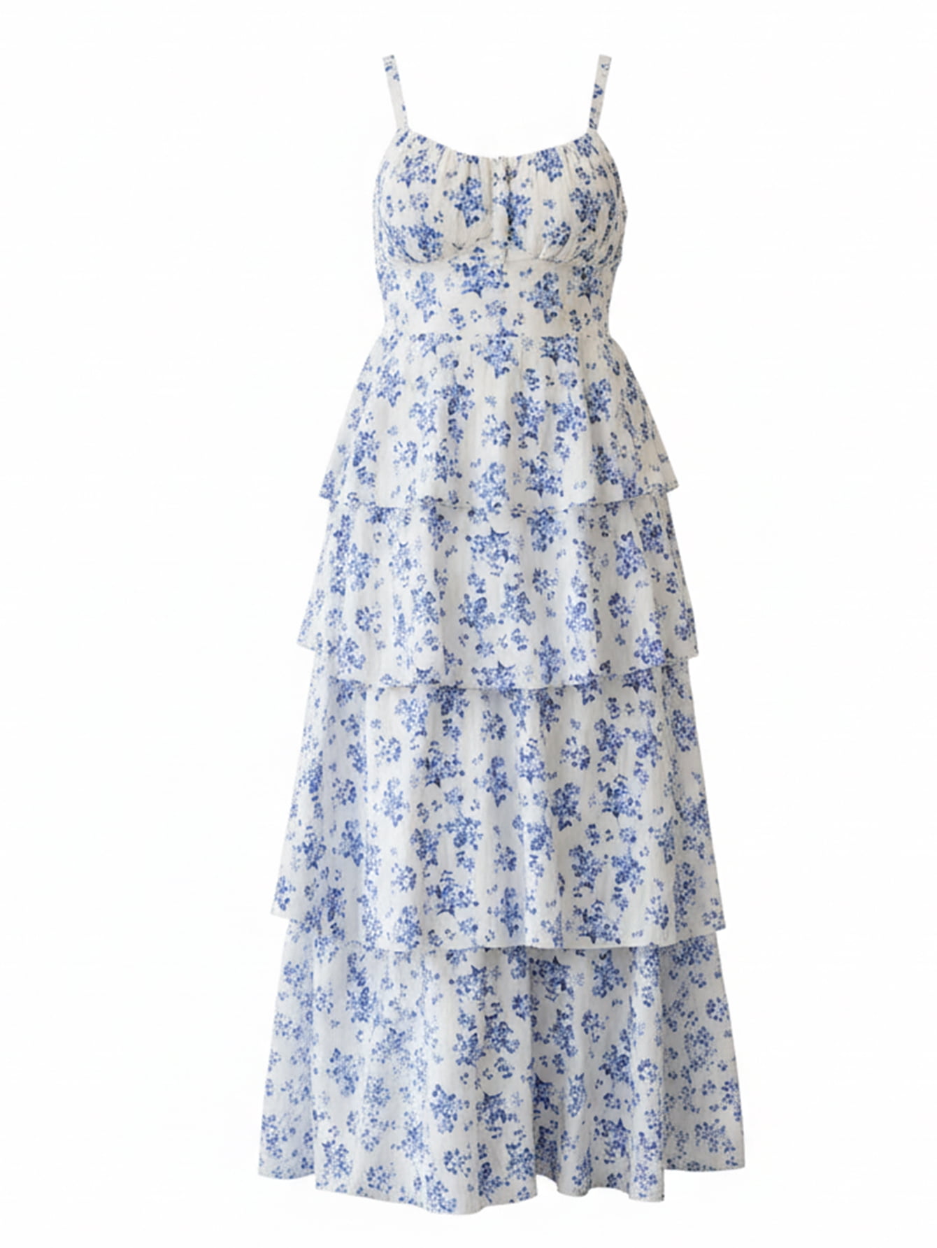 Boho Floral Tiered Ruffle Maxi Dress, Square Neck Spaghetti Strap ...