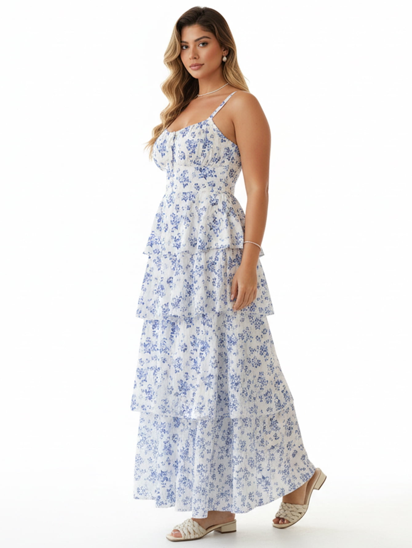 Boho Floral Tiered Ruffle Maxi Dress, Square Neck Spaghetti Strap ...