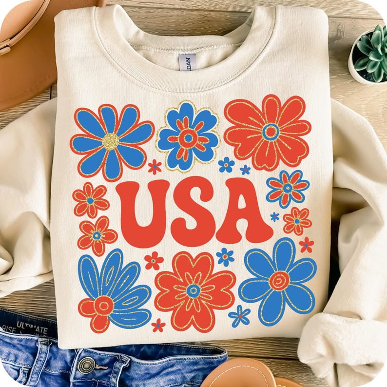 Boho Floral USA Sweatshirt, Girly 4th of July Crewneck, Retro America ...