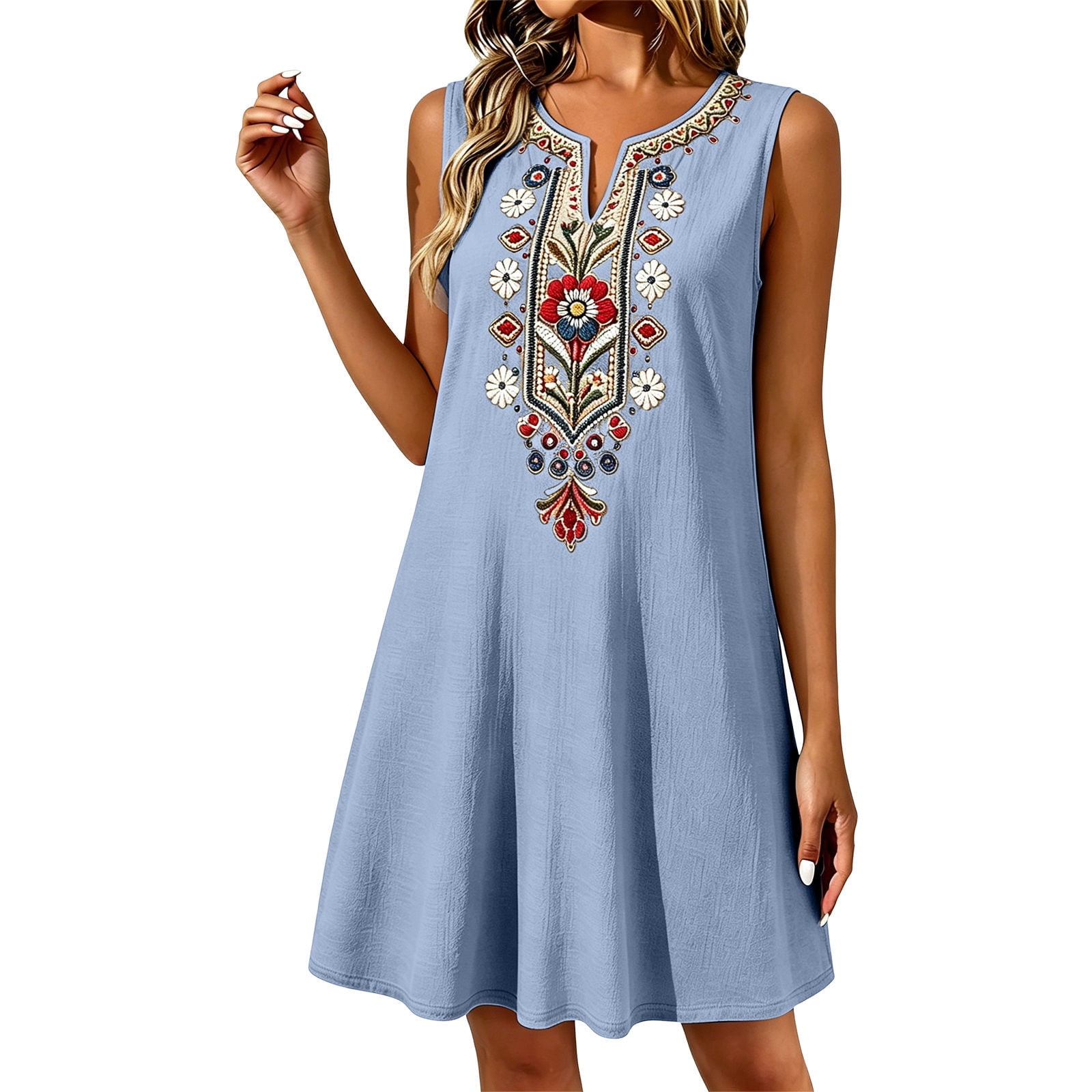 Boho Floral V Neck Sundresses for Womens Embroidered Peasant Gauze ...