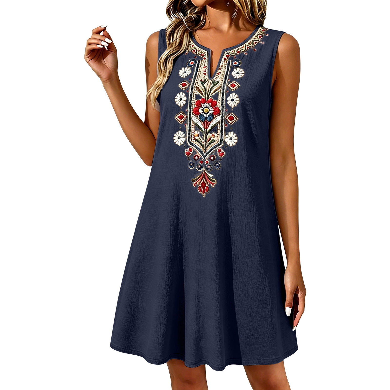 Boho Floral V Neck Sundresses for Womens Embroidered Peasant Gauze ...