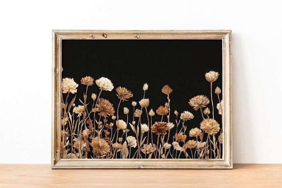 Boho Floral Wall Art Neutral Wildflowers Field Dark Botanical Decor ...