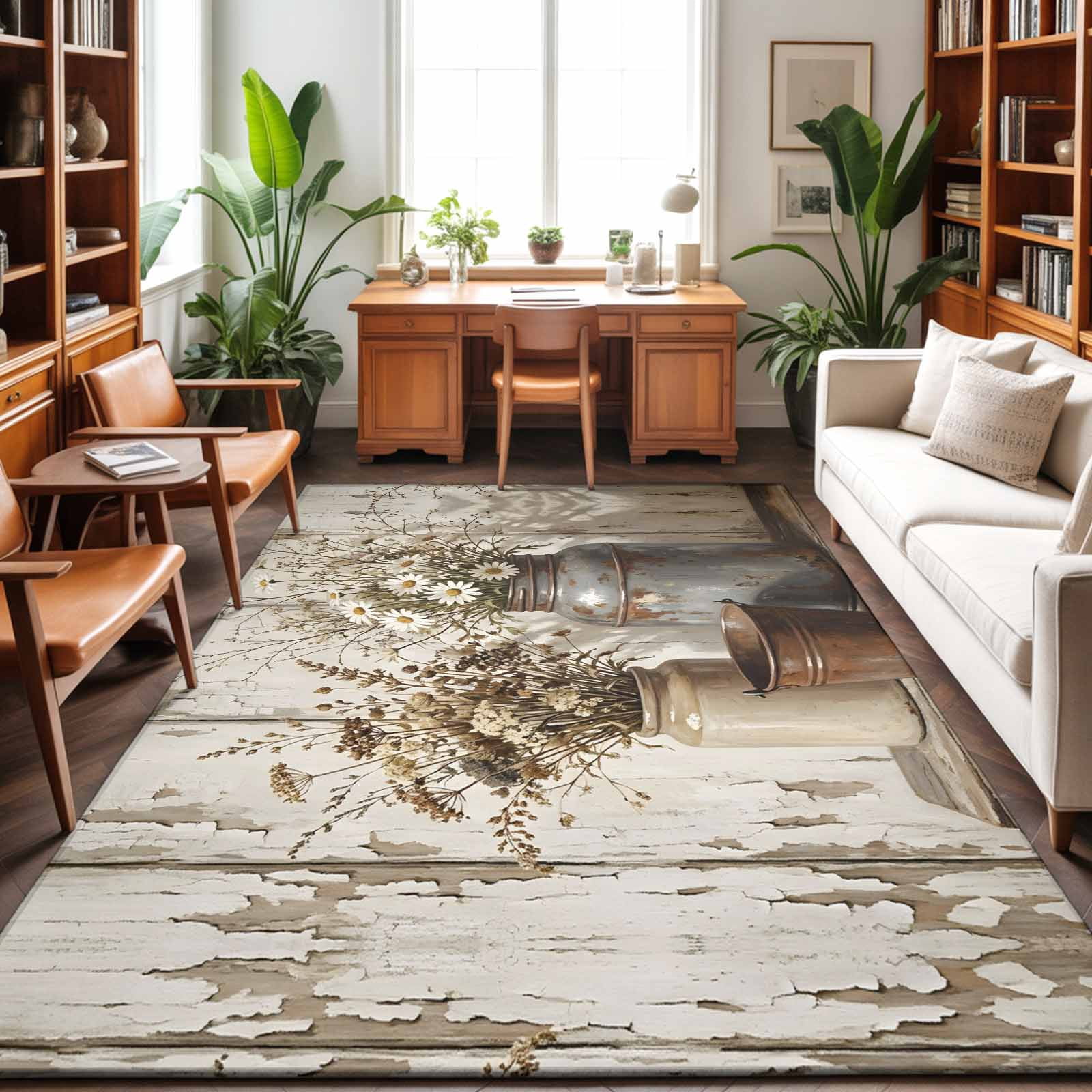Boho Floral Washable Area Rug 3 x 5 ft Vintage Dried Flowers Milk Jugs ...