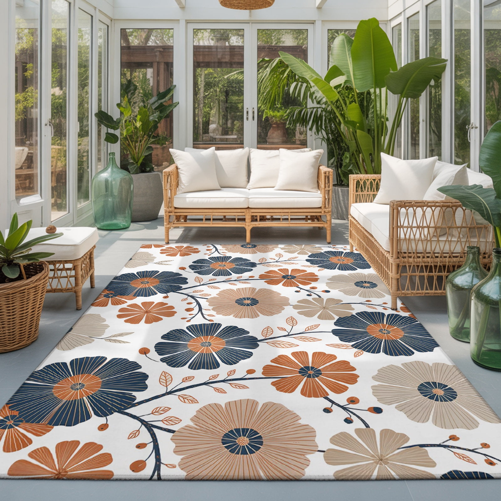 Boho Floral Washable Living Room Rugs 5'x8', Retro Navy Blue Khaki ...