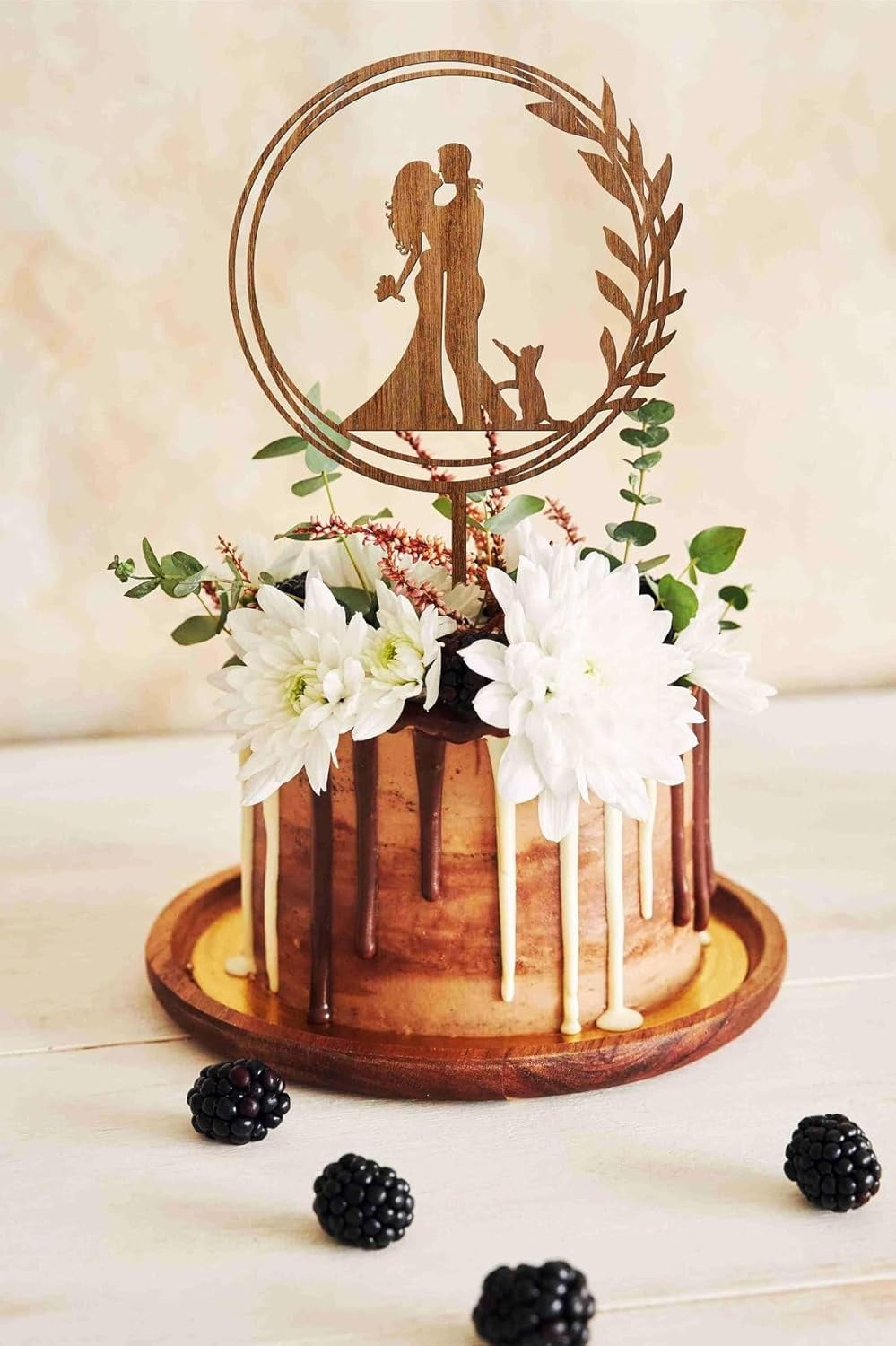 Boho Floral Wedding Cake Topper with Cat,Wreath Wood Cake Topper with ...