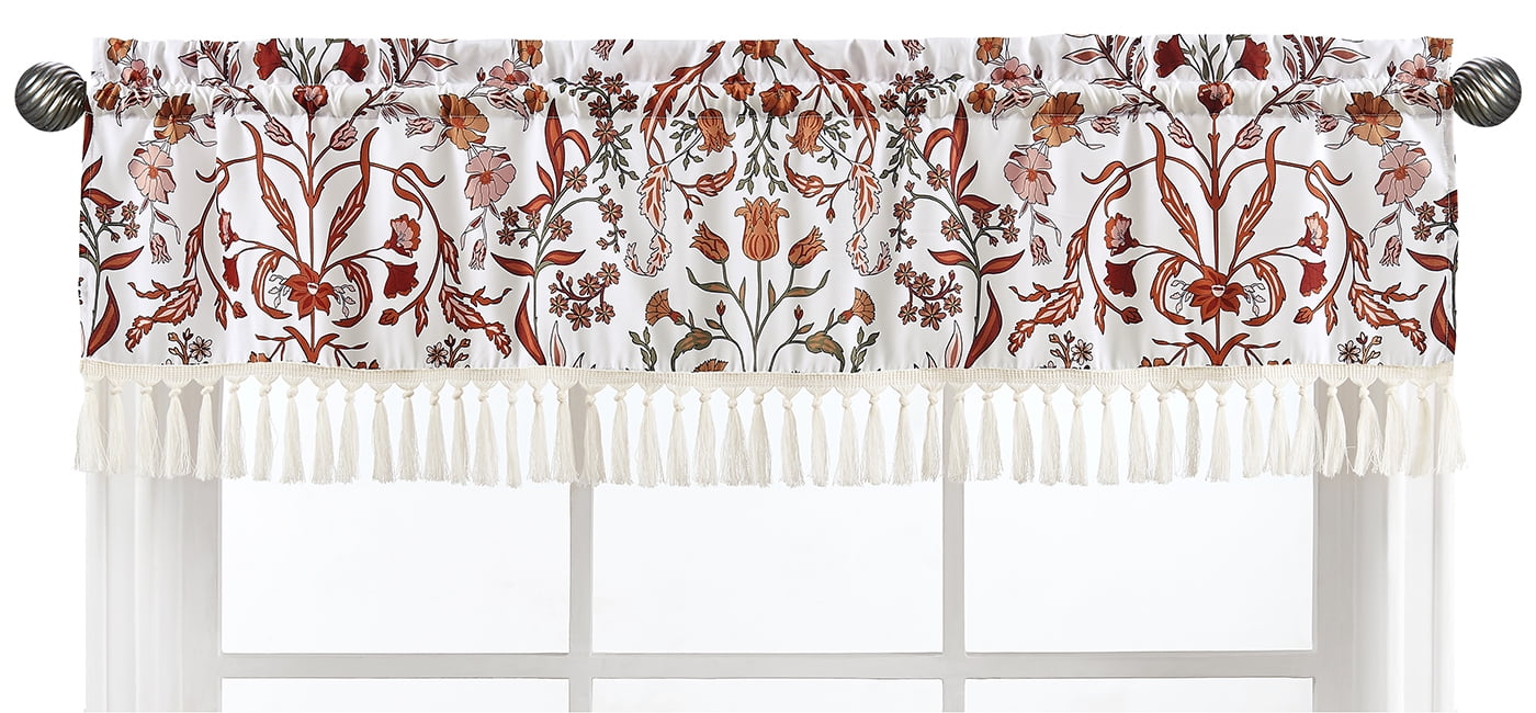 Boho Floral Wildflower Rust Orange and Ivory Semi-Sheer Window Valance ...