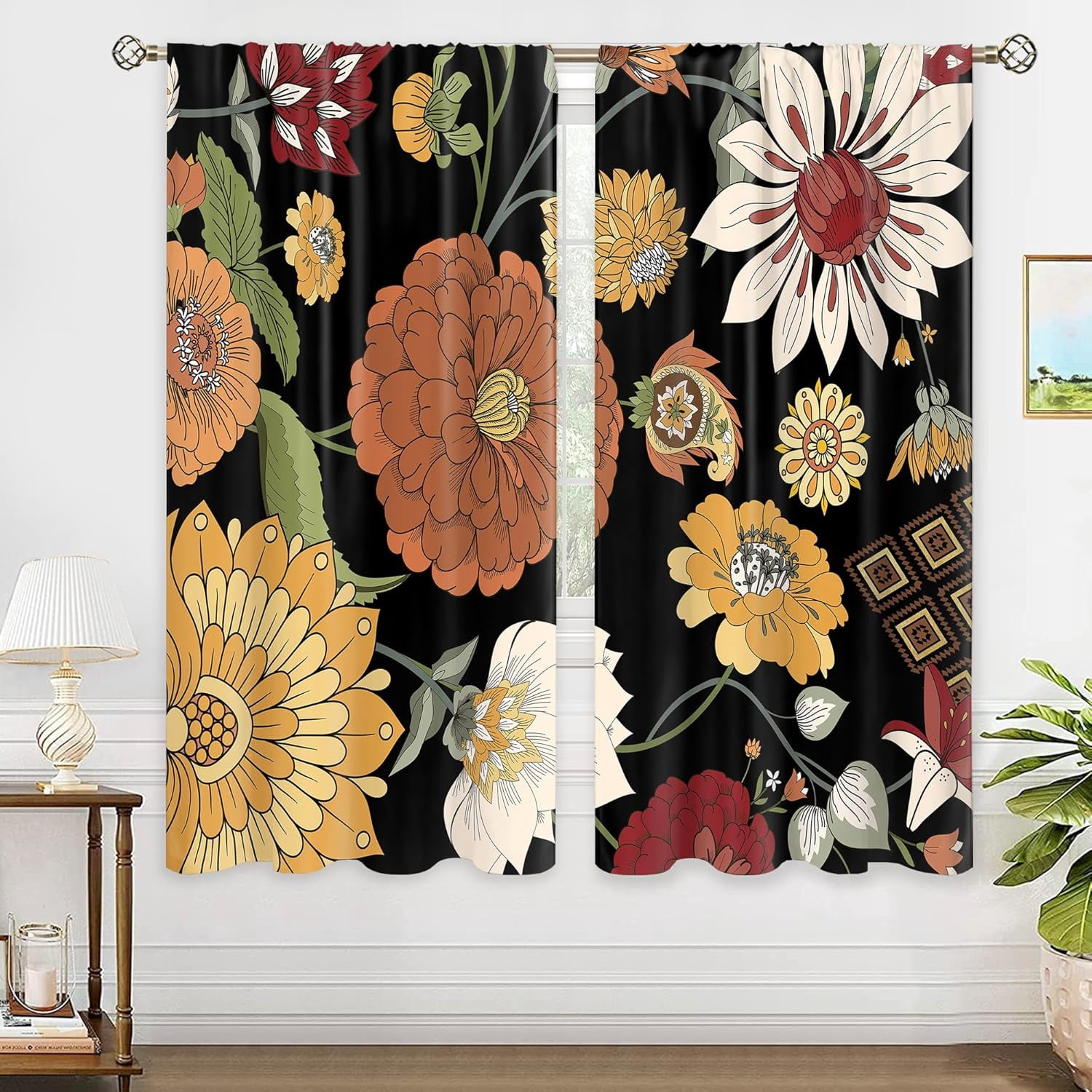 Boho Floral Window Curtains Black Bohemian Flower Botanical Rod Pocket ...
