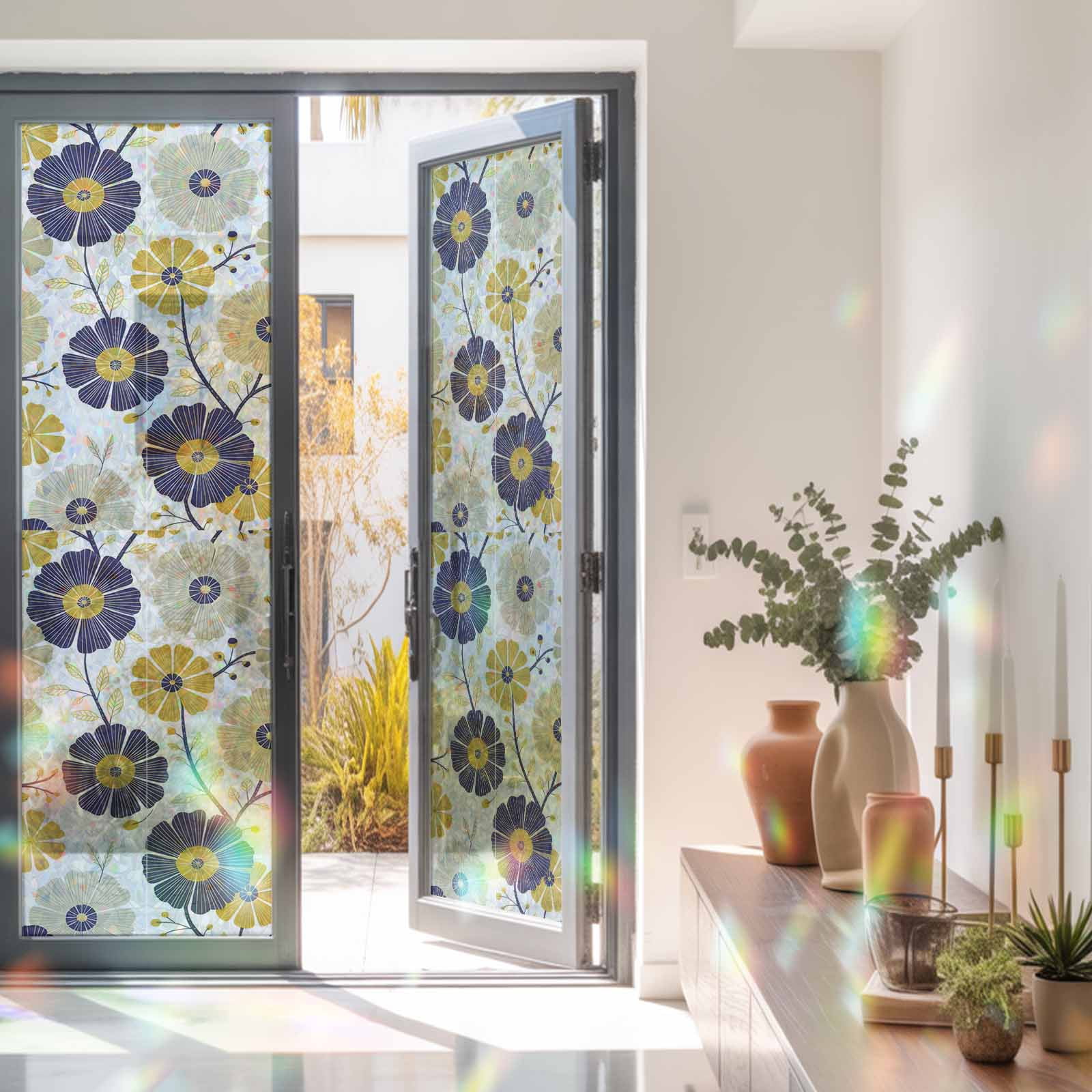 Boho Floral Window Privacy Film French Vintage Yellow Purple Beige ...