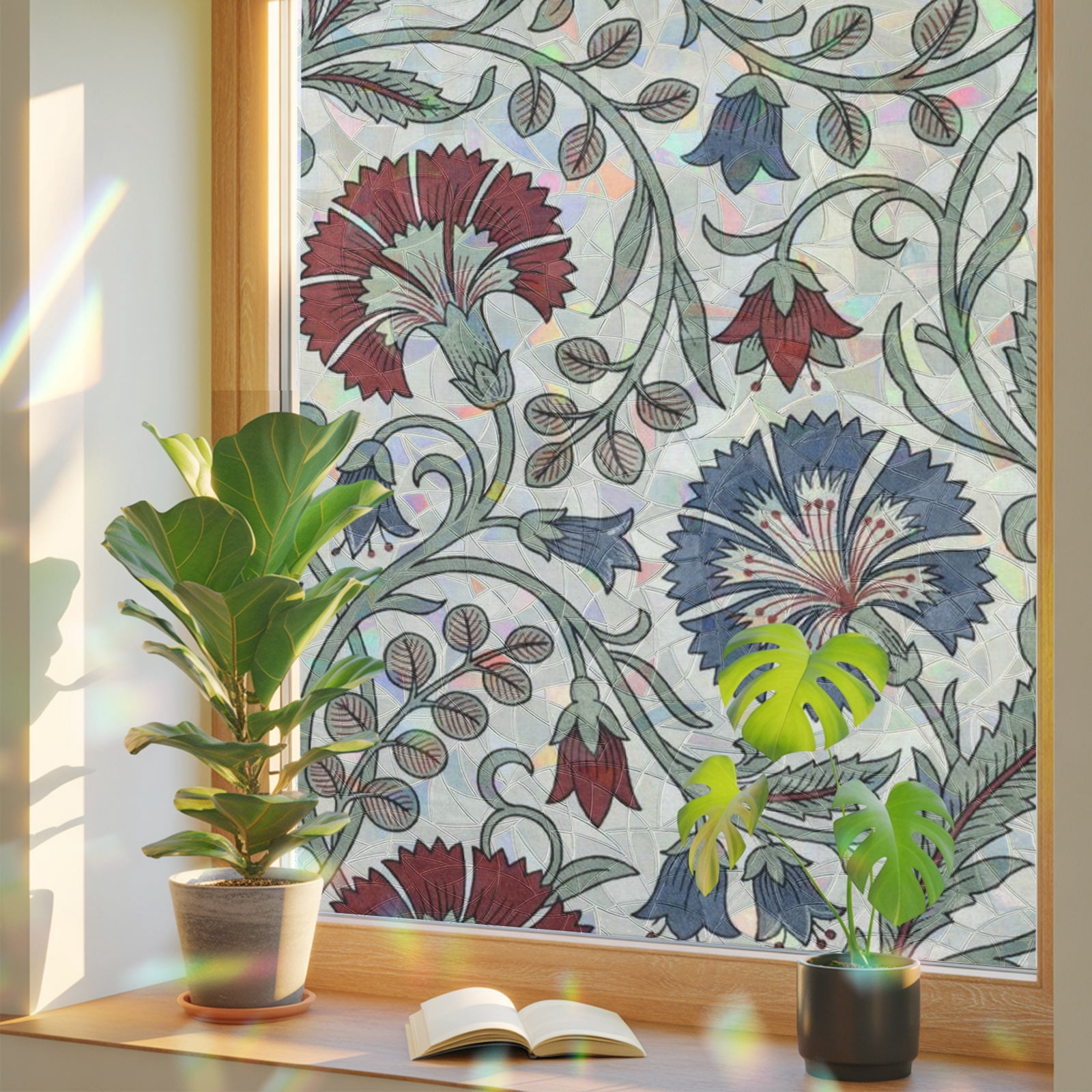 Boho Floral Window Privacy Film Rainbow Static Cling Stain Glass Window ...