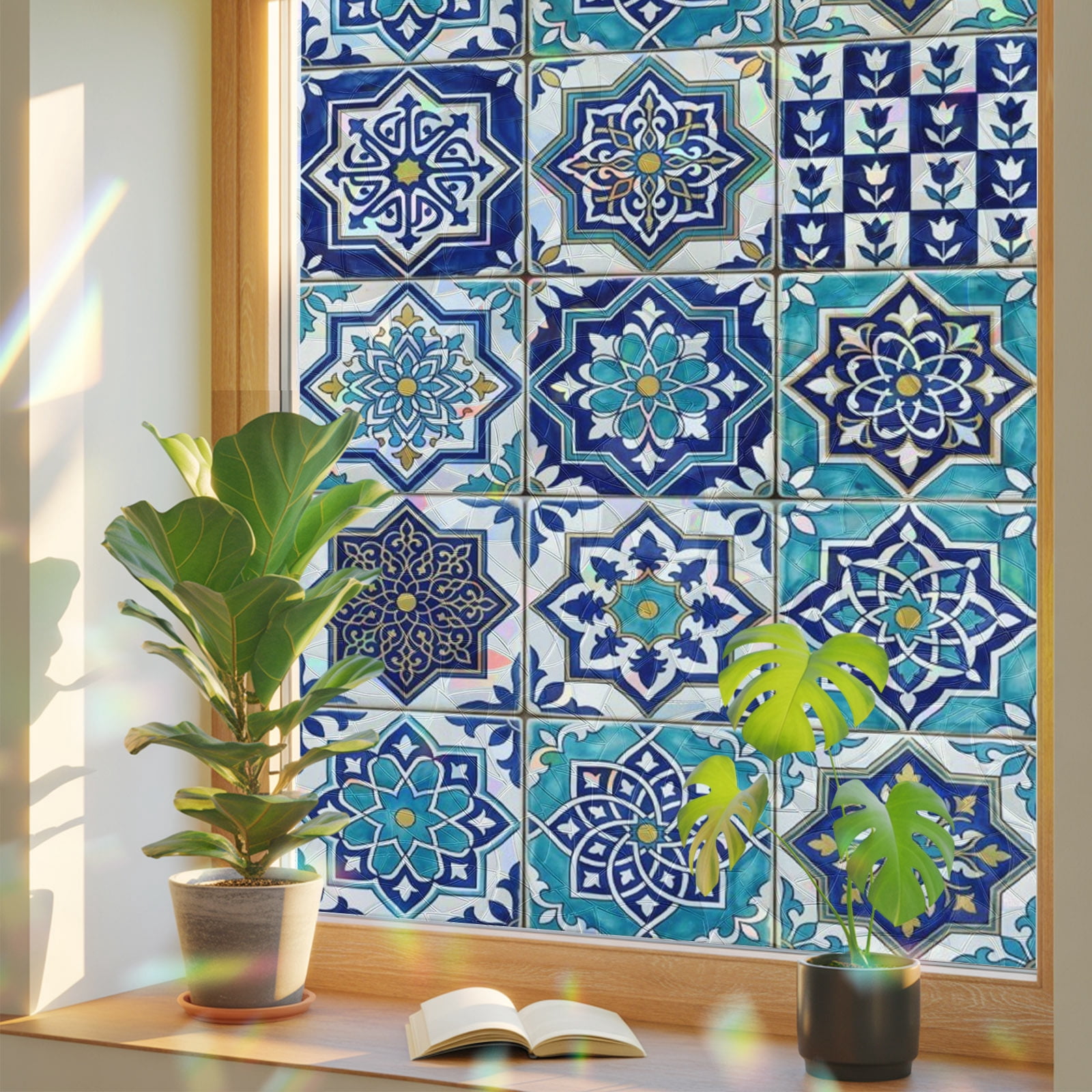 Boho Floral Window Privacy Film Rainbow Static Cling Stain Glass Window ...