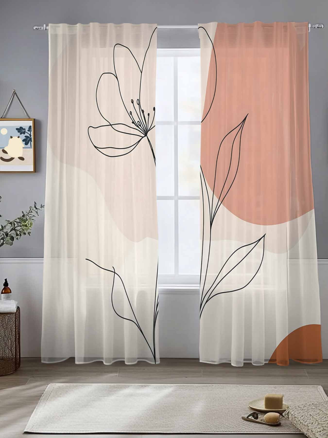 Boho Flower Abstract Geometric Chiffon Sheer Curtains 84 Inches Long ...