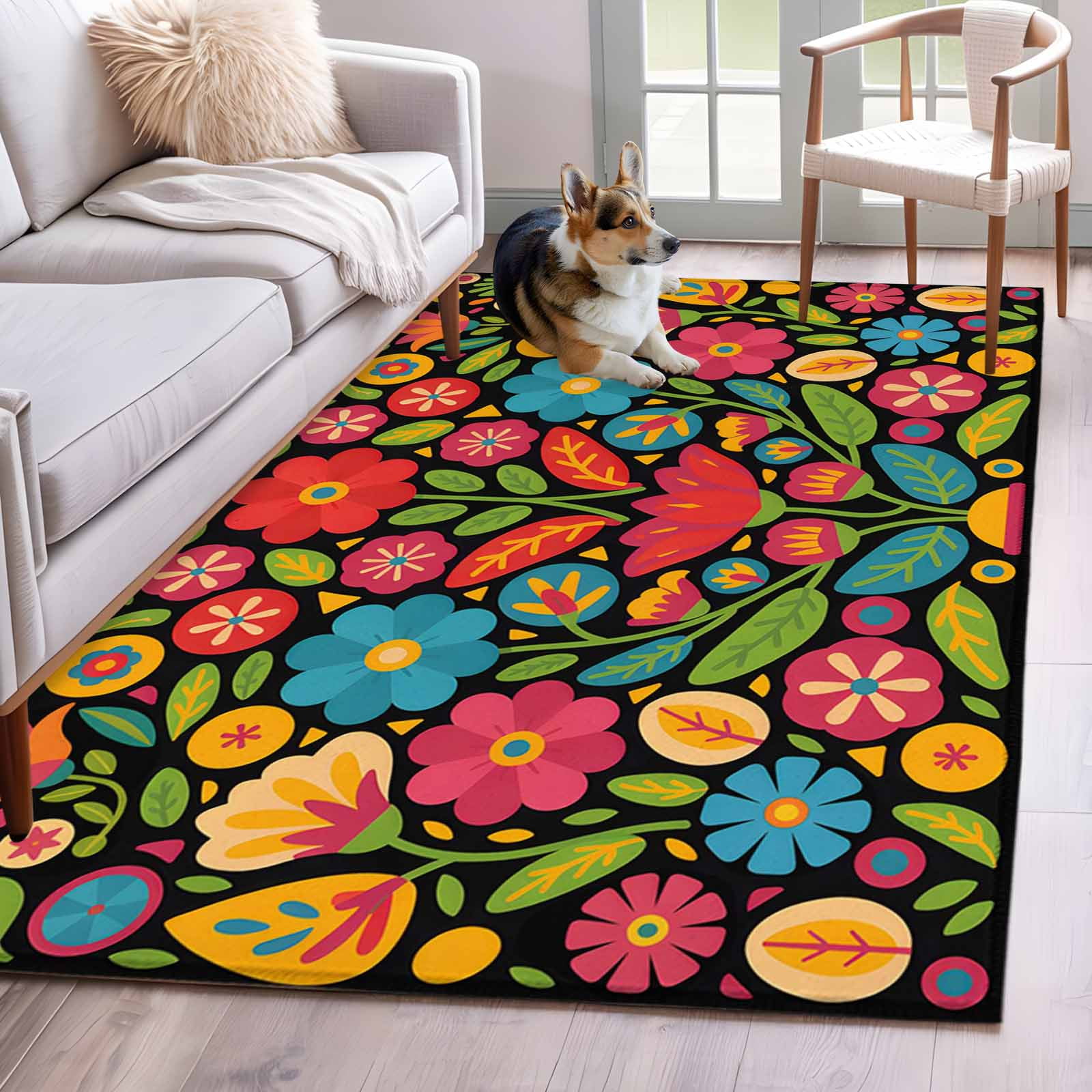 Boho Flower Area Rug 3x5 FT, Non Slip Entryway Bedside Carpet, Red Blue ...
