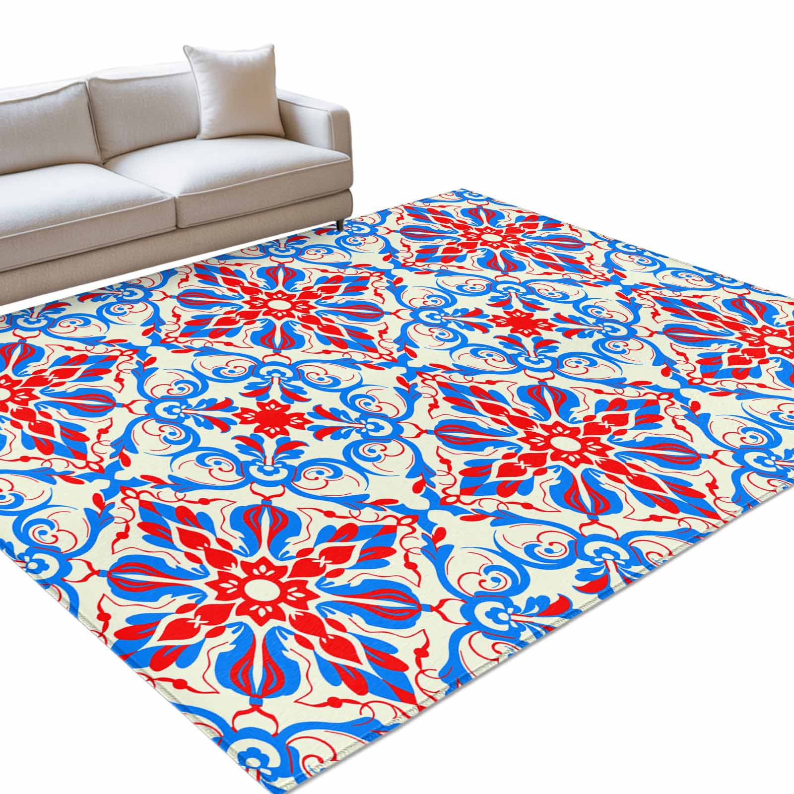 Boho Flower Area Rug, Blue Red Floral Abstract Lines Non-Slip Felt ...