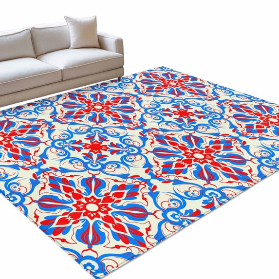 Boho Flower Area Rug, Blue Red Floral Abstract Lines Non-Slip Felt ...