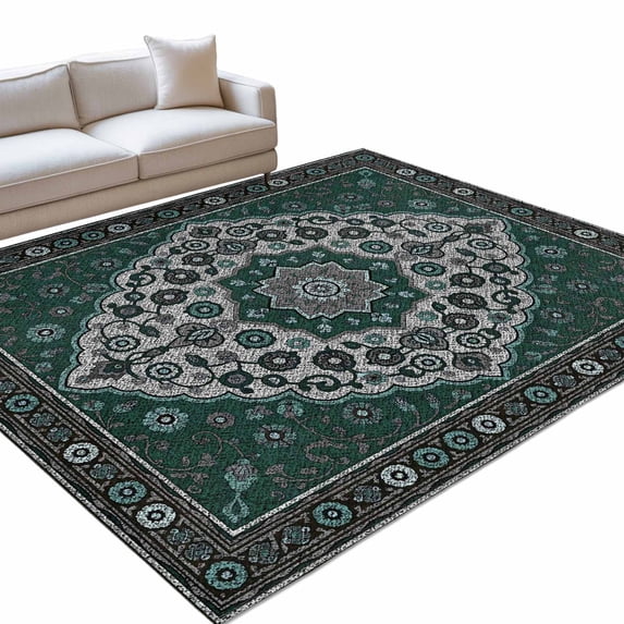 Boho Flower Area Rug, Dark Green Bohemia Geometric Tribal Ethnic Non ...
