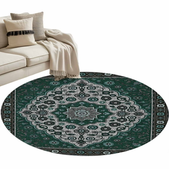 Boho Flower Area Rug, Dark Green Bohemia Geometric Tribal Ethnic ...