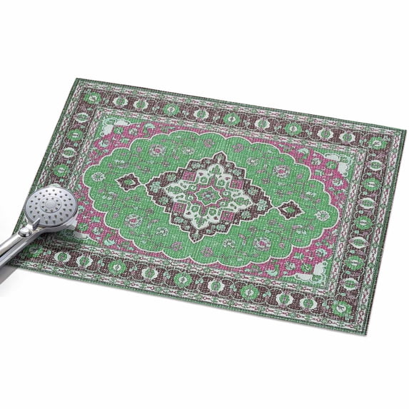Boho Flower Area Rug, Pink Green Bohemia Geometric Tribal Ethnic Non ...