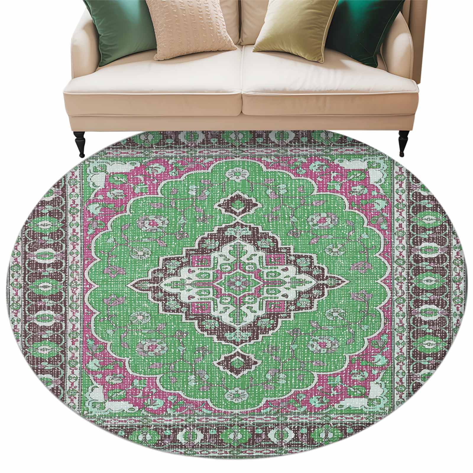 Boho Flower Area Rug, Pink Green Bohemia Geometric Tribal Ethnic ...