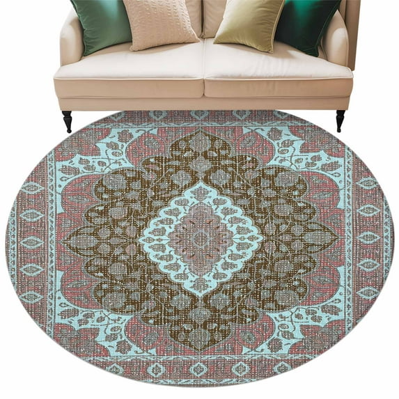 Boho Flower Area Rug, Pink Teal Bohemia Geometric Tribal Ethnic ...