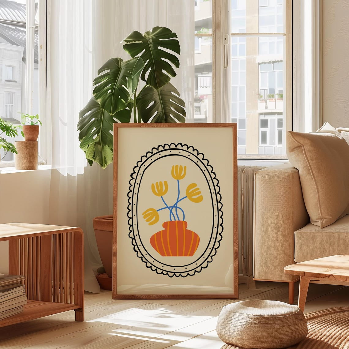 Boho Flower Art Retro Abstract Floral Wall Potted Plant Poster Vase ...