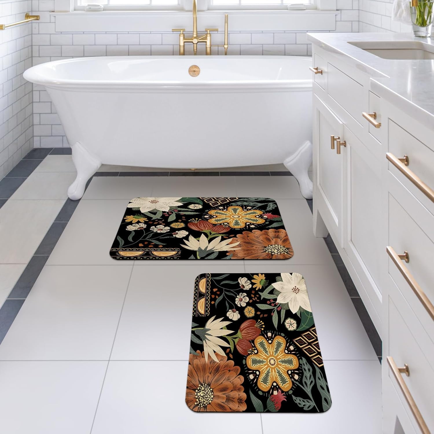 Boho Flower Bathroom Rug Set - 2 Piece of 17" x 24", Bohemia Bath Mats ...