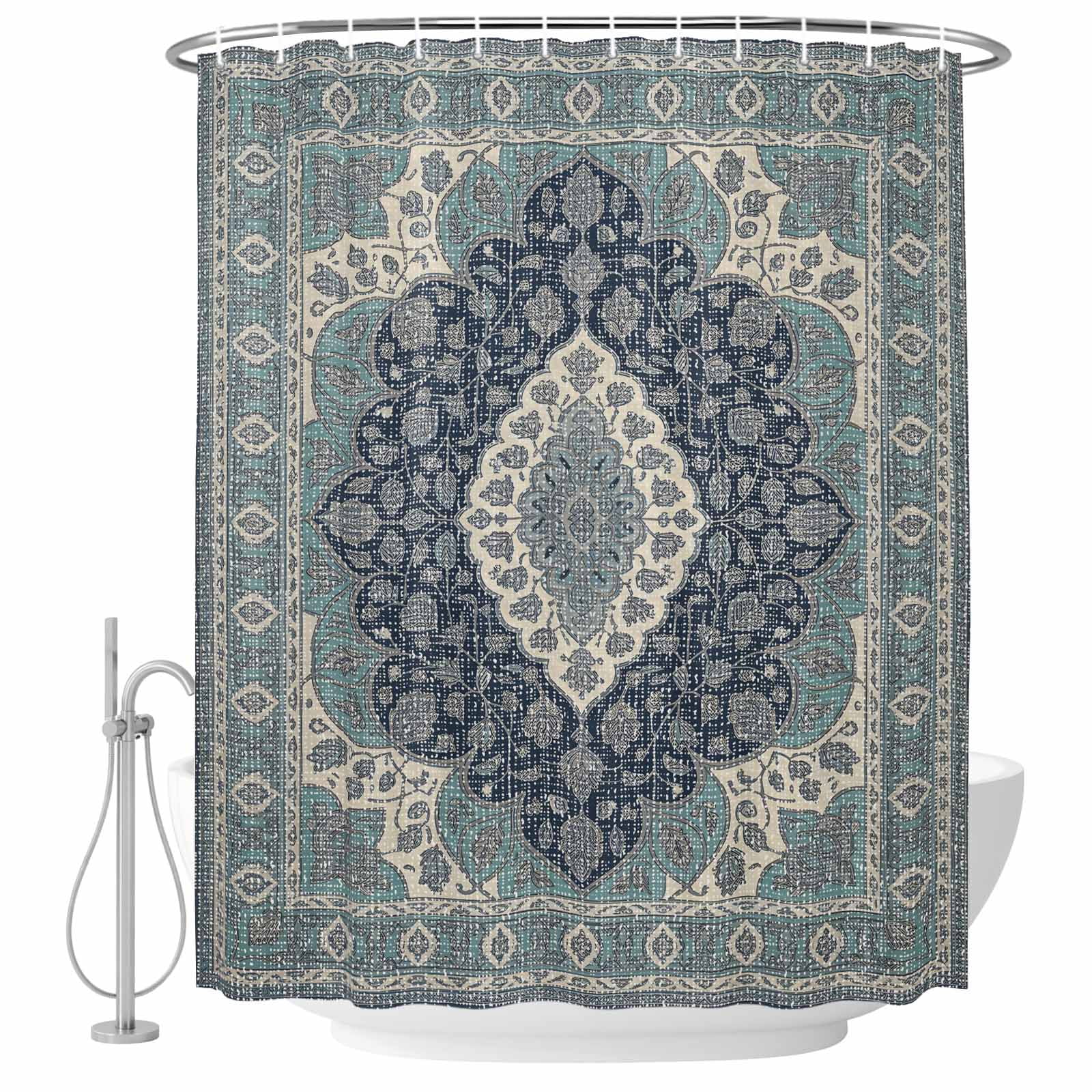 Boho Flower Bathroom Shower Curtains with Hooks, Teal Blue Green ...
