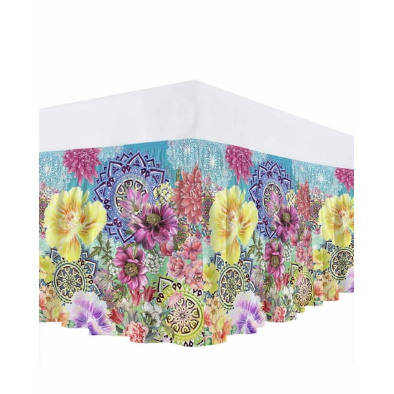 Boho Flower Bed Skirt Queen Size 16" Drop National Style Peony Orchids ...