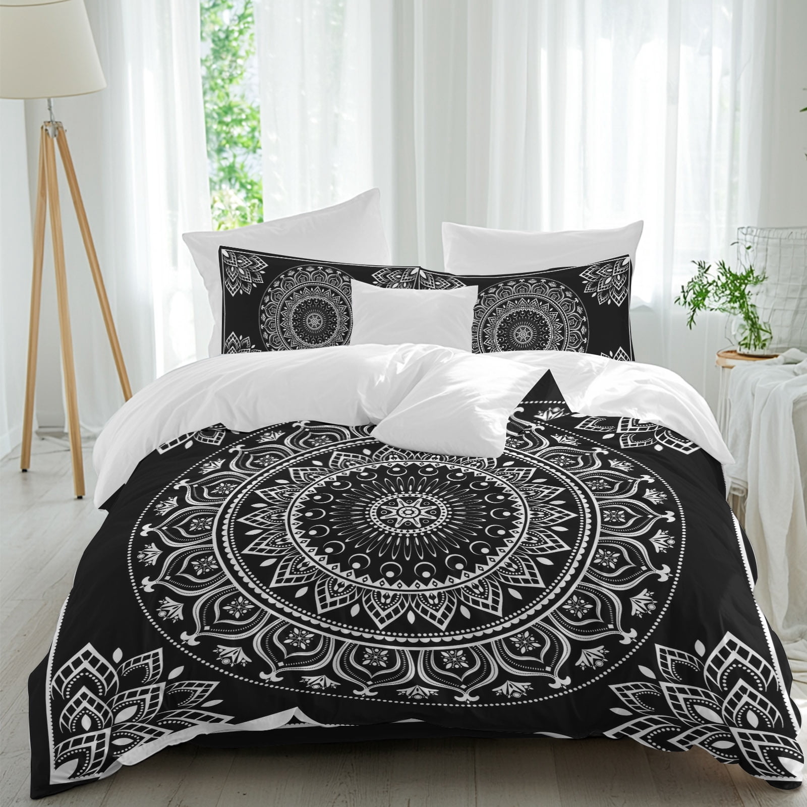 Boho Flower Black White Stripe Queen Size Bed Set,Abstract Floral ...
