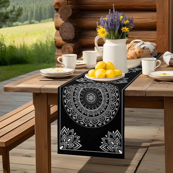 Boho Flower Black White Stripe Table Runner 72 Inch Long Abstract ...