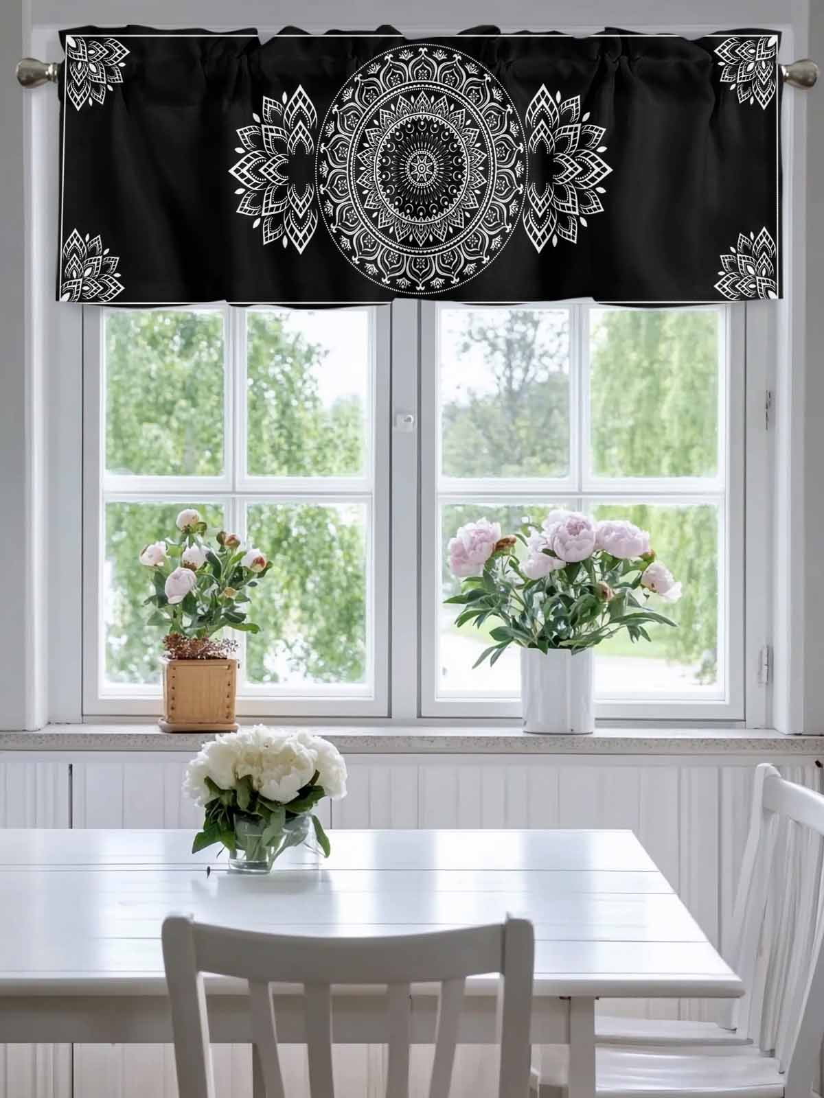 Boho Flower Black White Stripe Valances for Windows,Kitchen Valance Rod ...