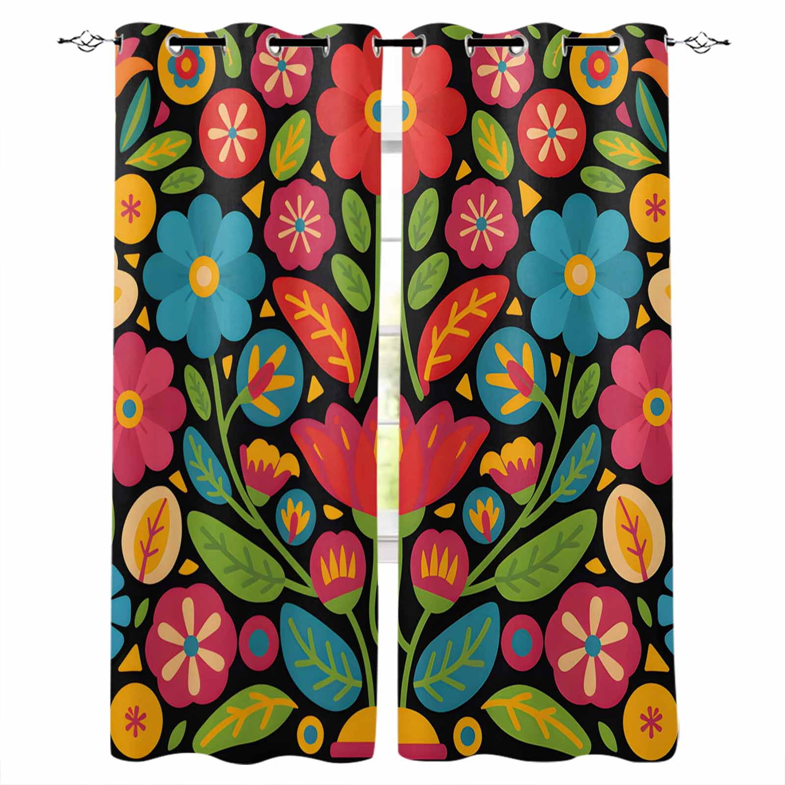 Boho Flower Blackout Curtains 72 Inches Long for Bedroom, Red Blue ...