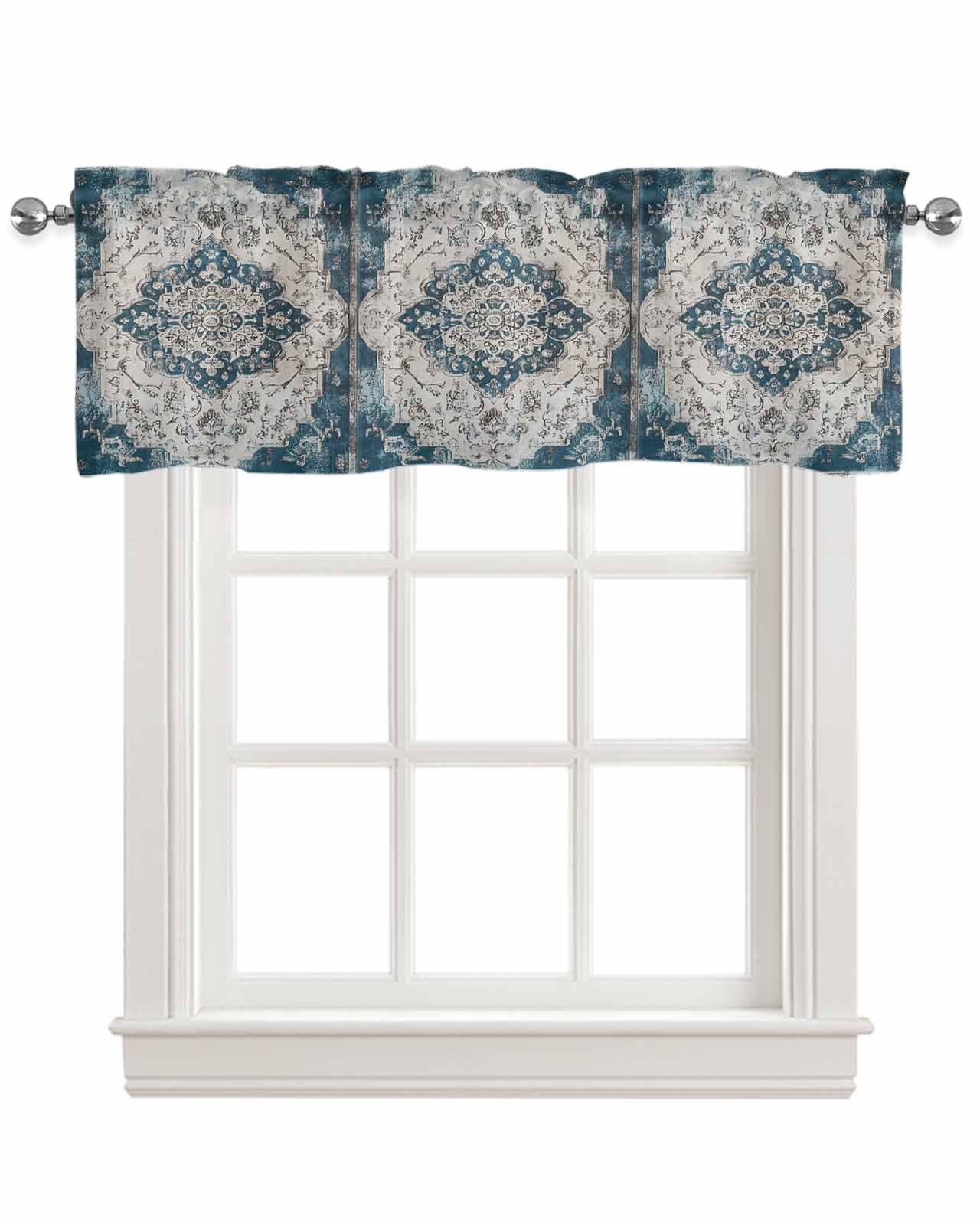 Boho Flower Blue Gray Kitchen Valances for Windows Farmhouse Linen ...