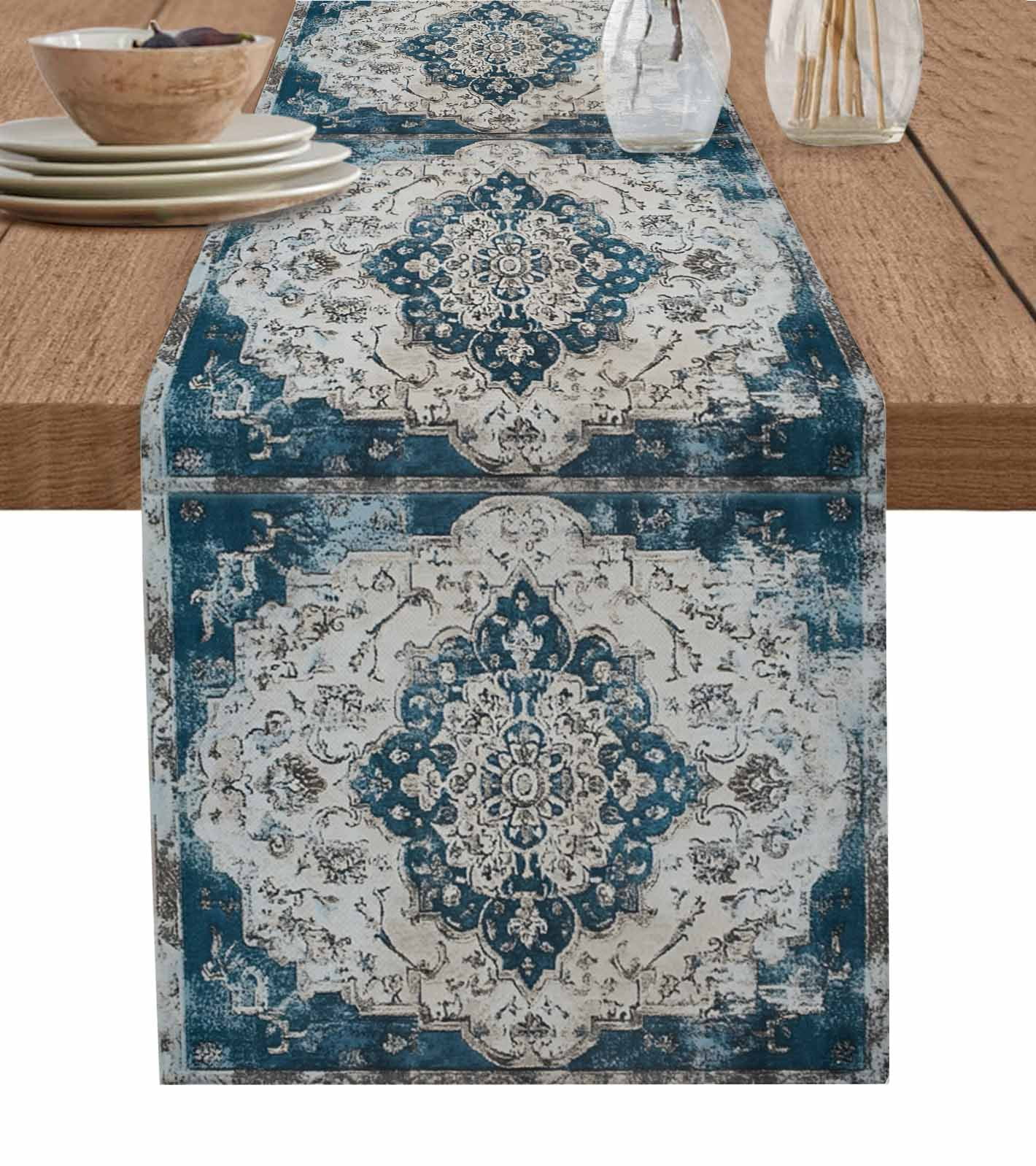 Boho Flower Blue Gray Table Runner 72 Inches, Retro National Floral ...