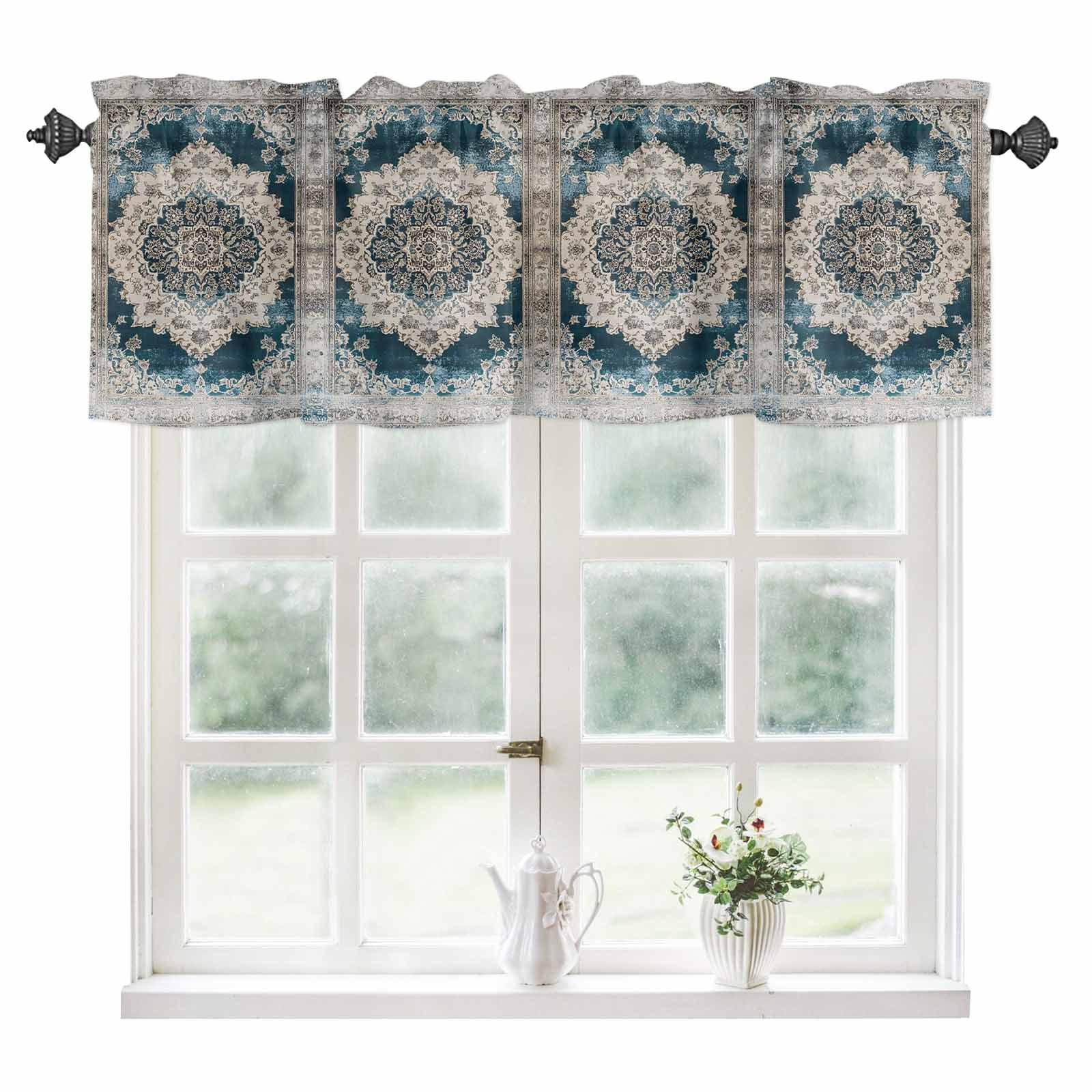 Boho Flower Blue Grey Kitchen Valances for Windows 60x18 Inch Kitchen ...