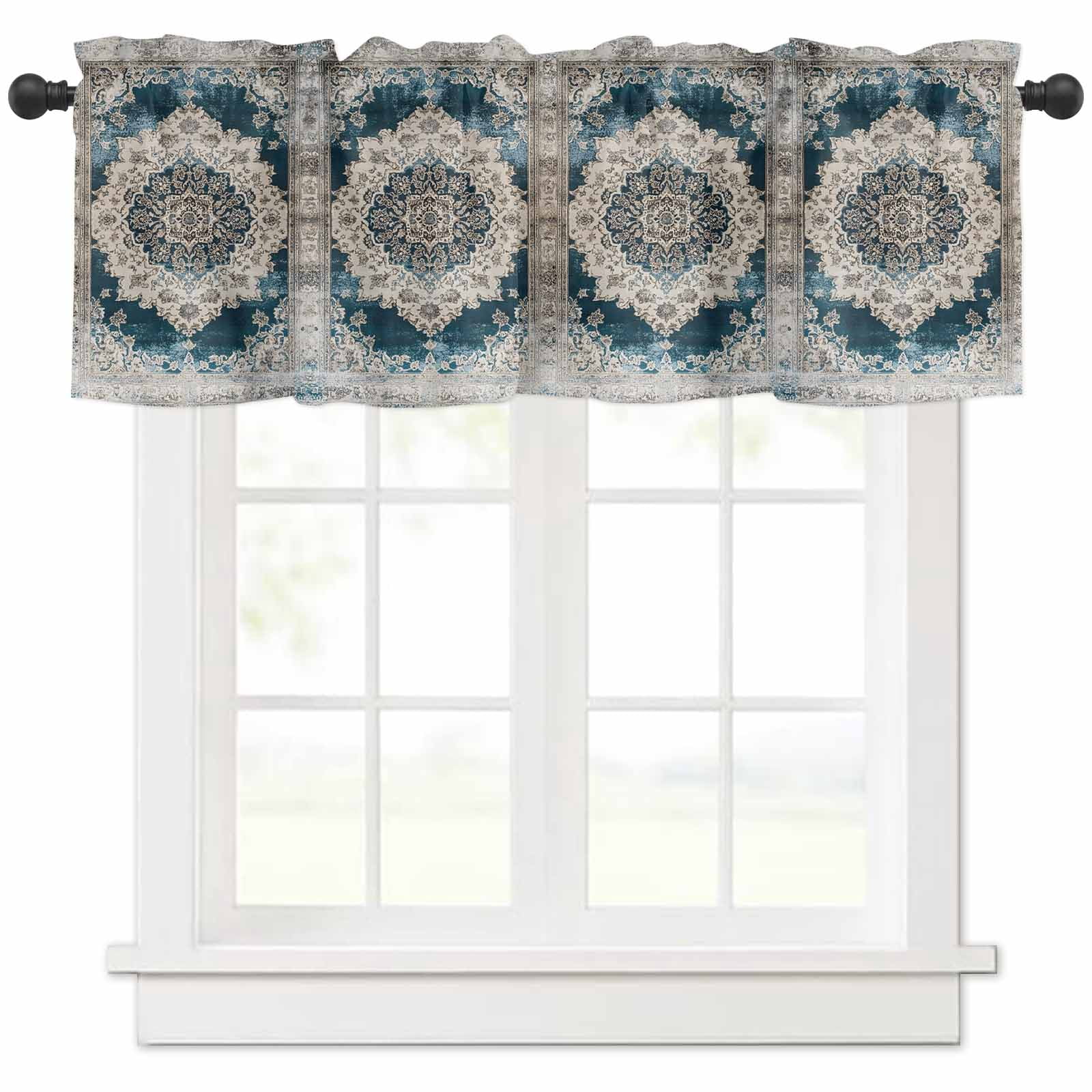 Boho Flower Blue Grey Valances for Windows Farmhouse Kitchen Curtains ...