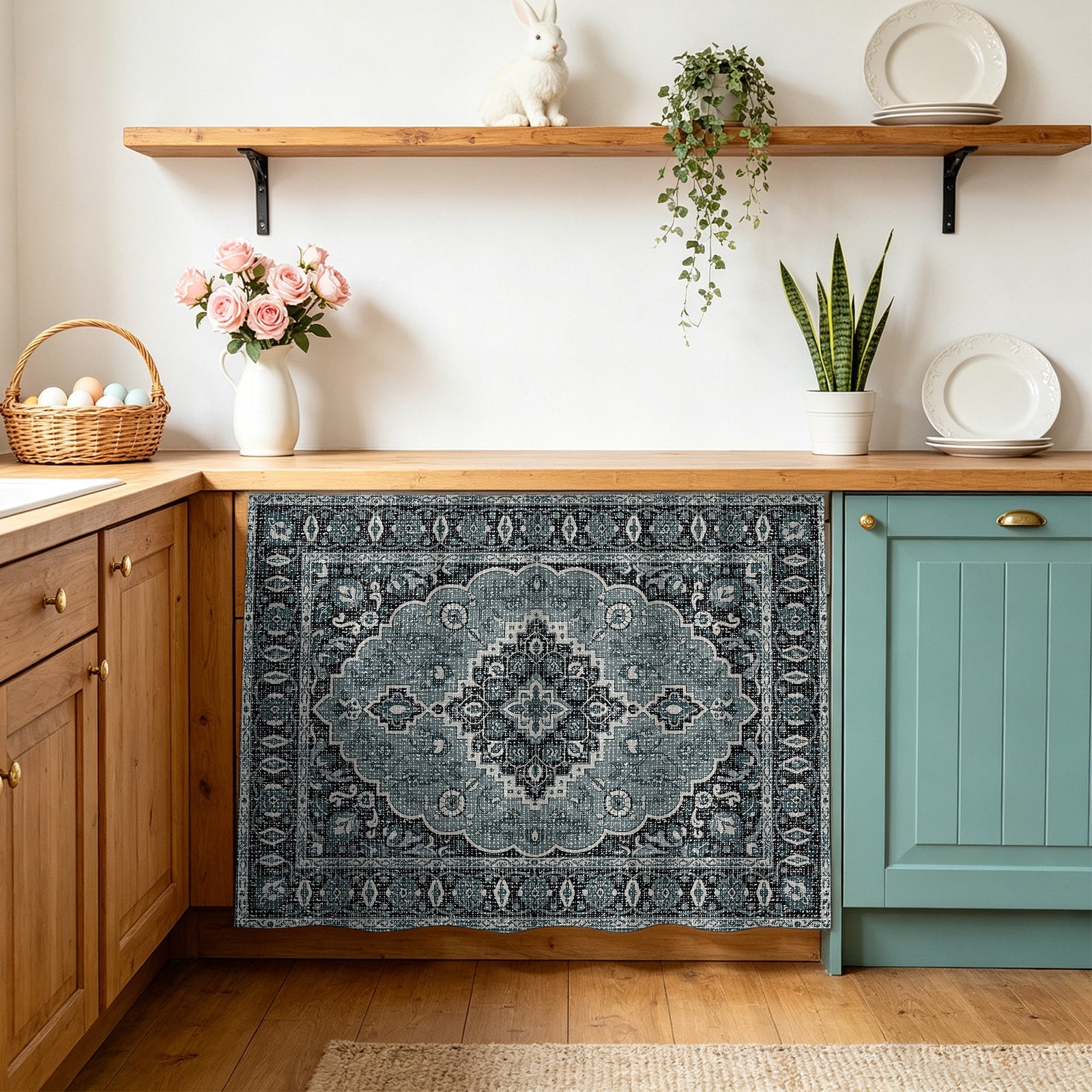 Boho Flower Cabinet Curtains 10" W x 11" L Blue Bohemia Geometric ...