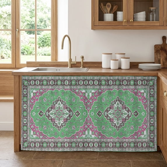 Boho Flower Cabinet Curtains 28" W x 51" L Pink Green Bohemia Geometric ...