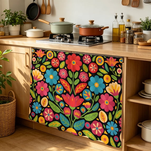Boho Flower Cabinet Curtains 35''x35'', Red Blue Yellow Colorful Mexico ...