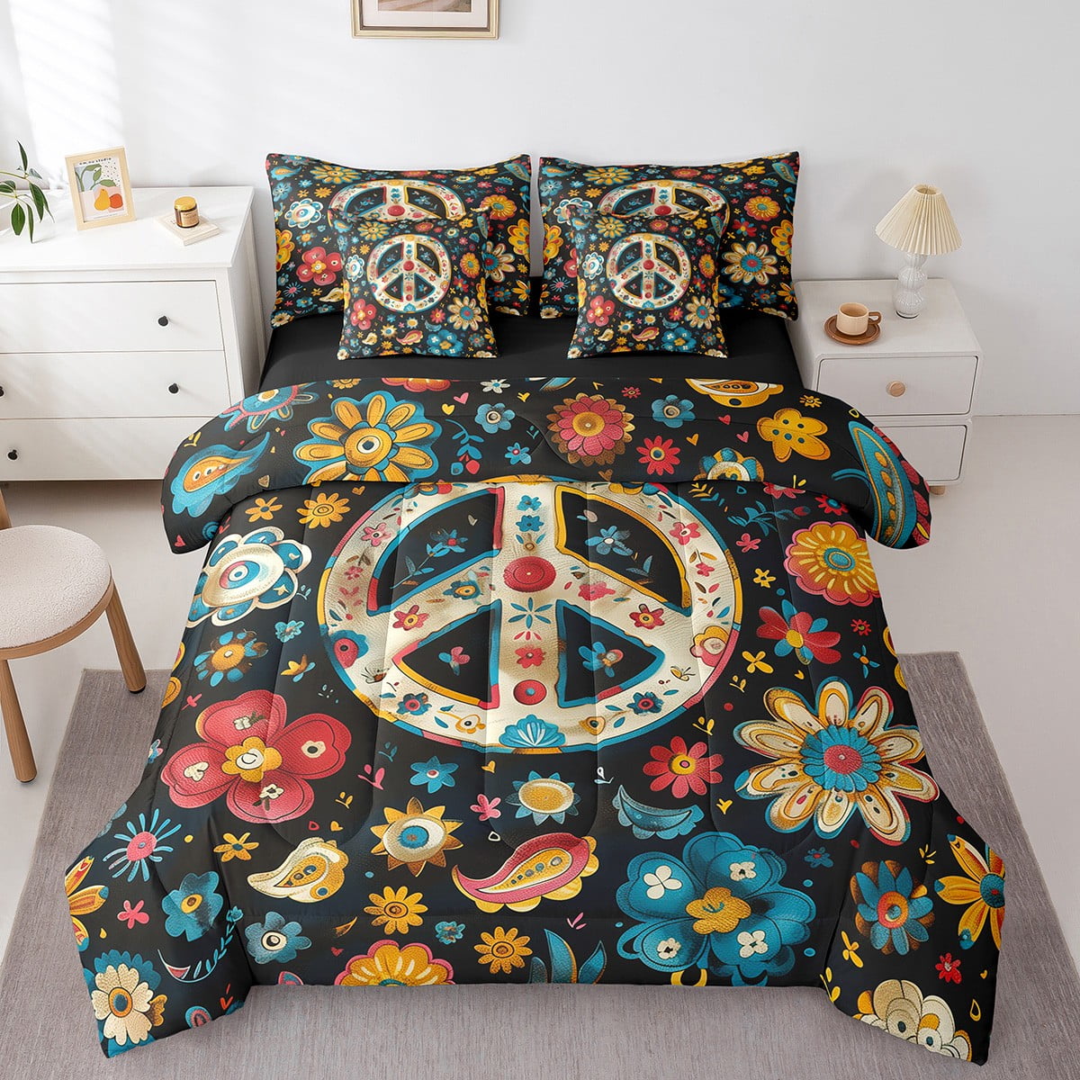 Boho Flower Comforter 7 Pieces Extoic Peace Sign Bohemian Bed In A Bag ...