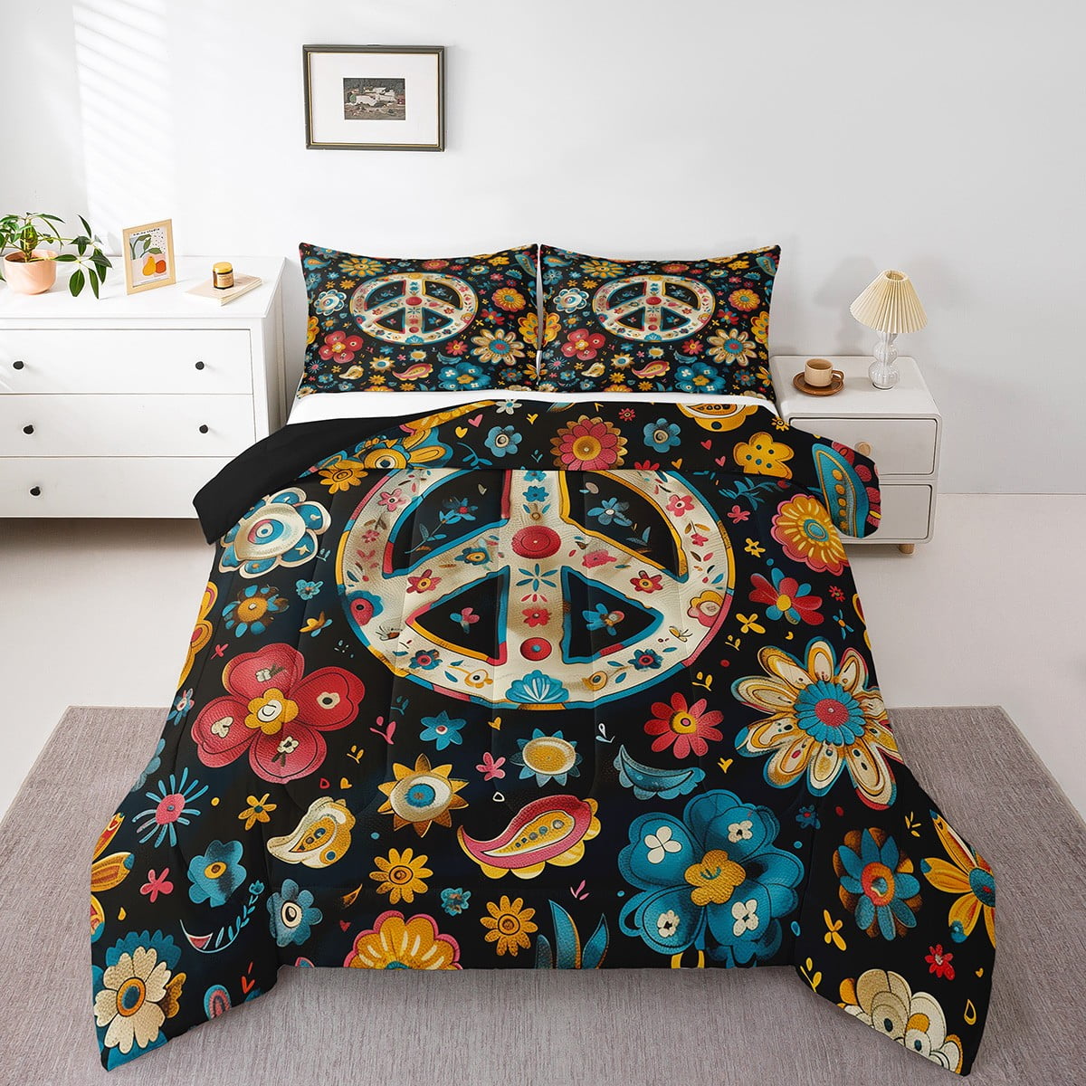 Boho Flower Comforter Set Extoic Peace Sign Bohemian King Down ...