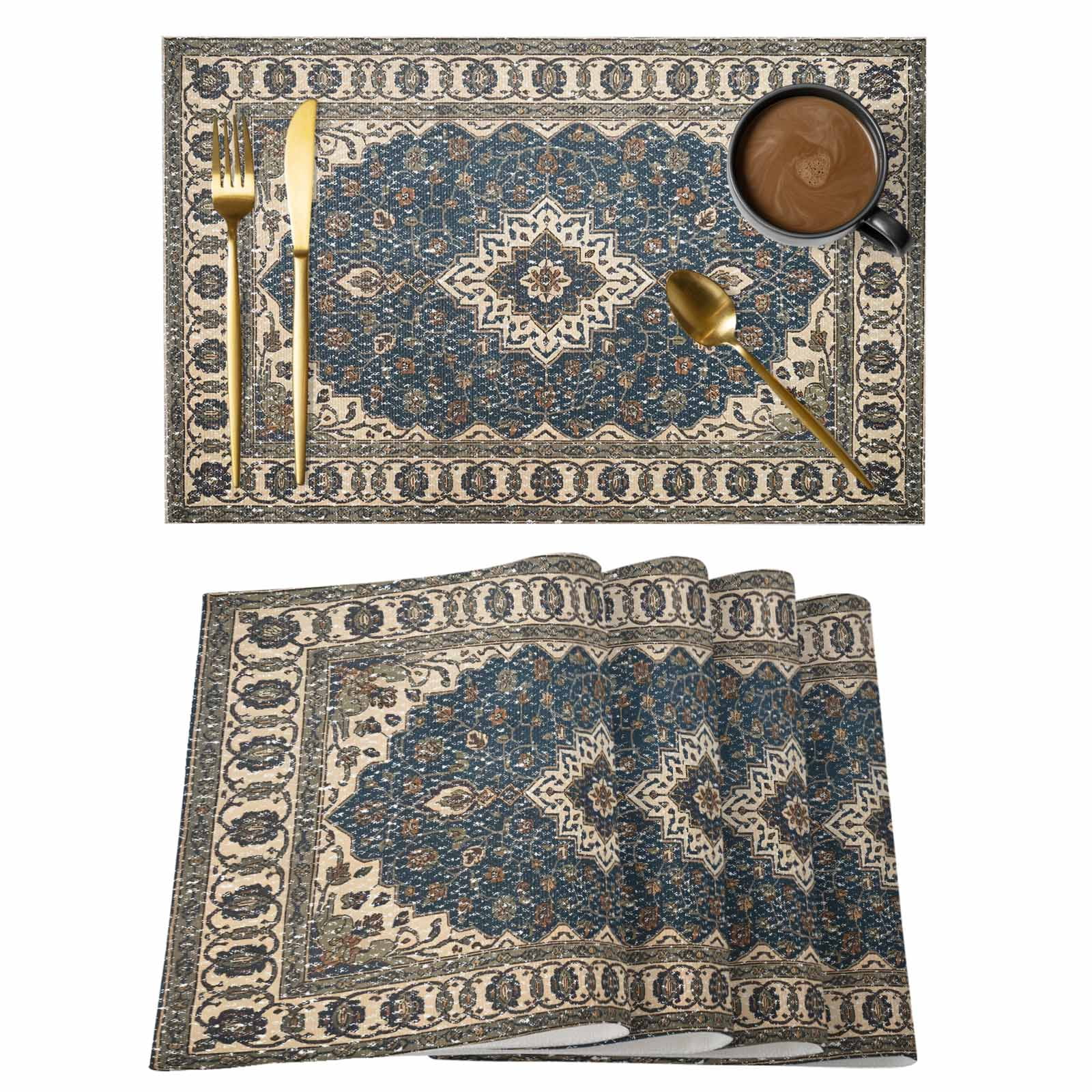 Boho Flower Cotton Linen Placemats Set of 1, Khaki Blue Bohemia ...