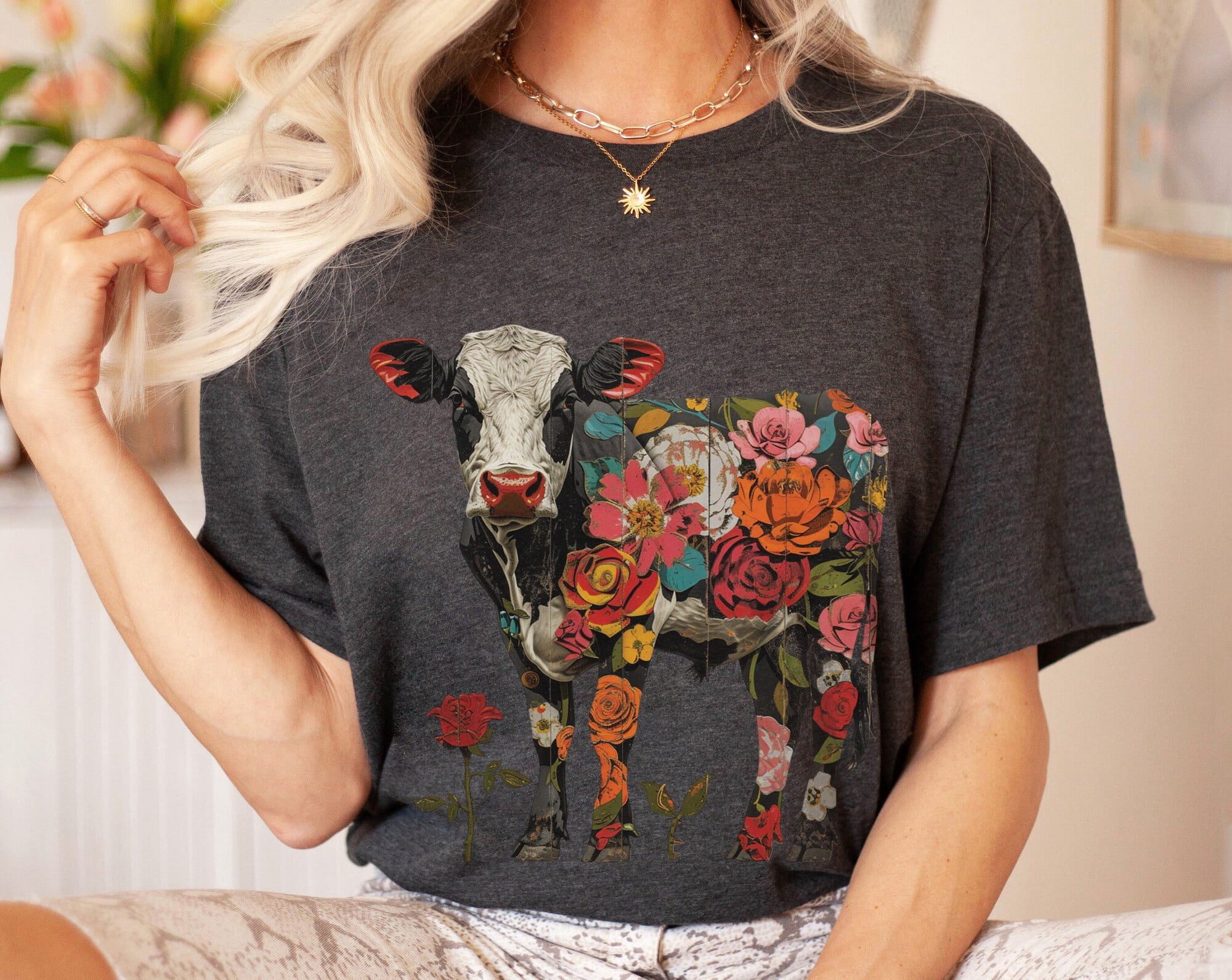 Boho Flower Cow Shirt Retro Floral Farmhouse Chic Cow Tee Cottagecore ...