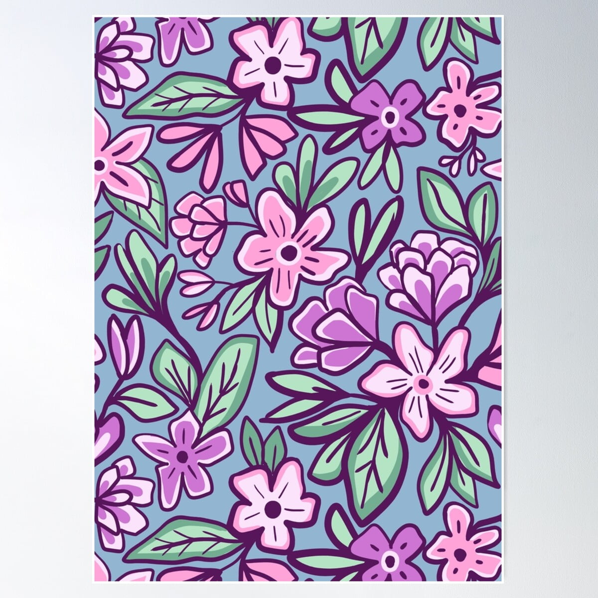 Boho Flower Garden In Pale Blue And Pink Poster Wall Art, Modern Wall ...